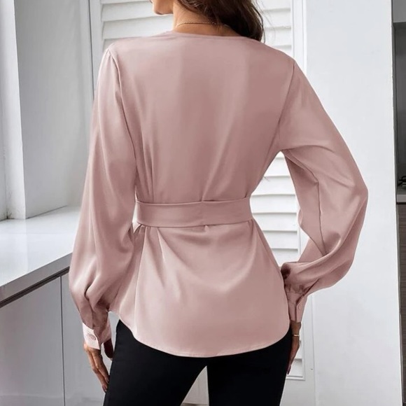 Tops | Luxe Dusty Blue Sexy Plunging V Neckline Belted Blouse | Poshmark